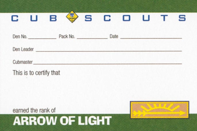 Cub Scout Arrow of Light Rank Pocket Certificate - BSA CAC Scout Shop