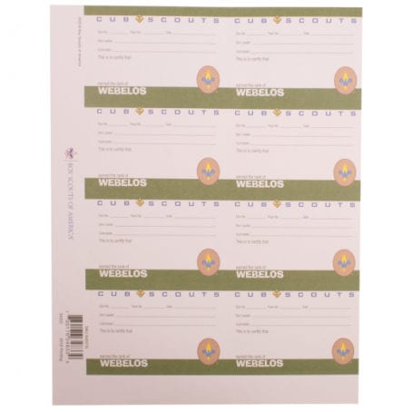 Cub Scout Webelos Rank Pocket Certificate, 8 per Sheet - BSA CAC Scout Shop